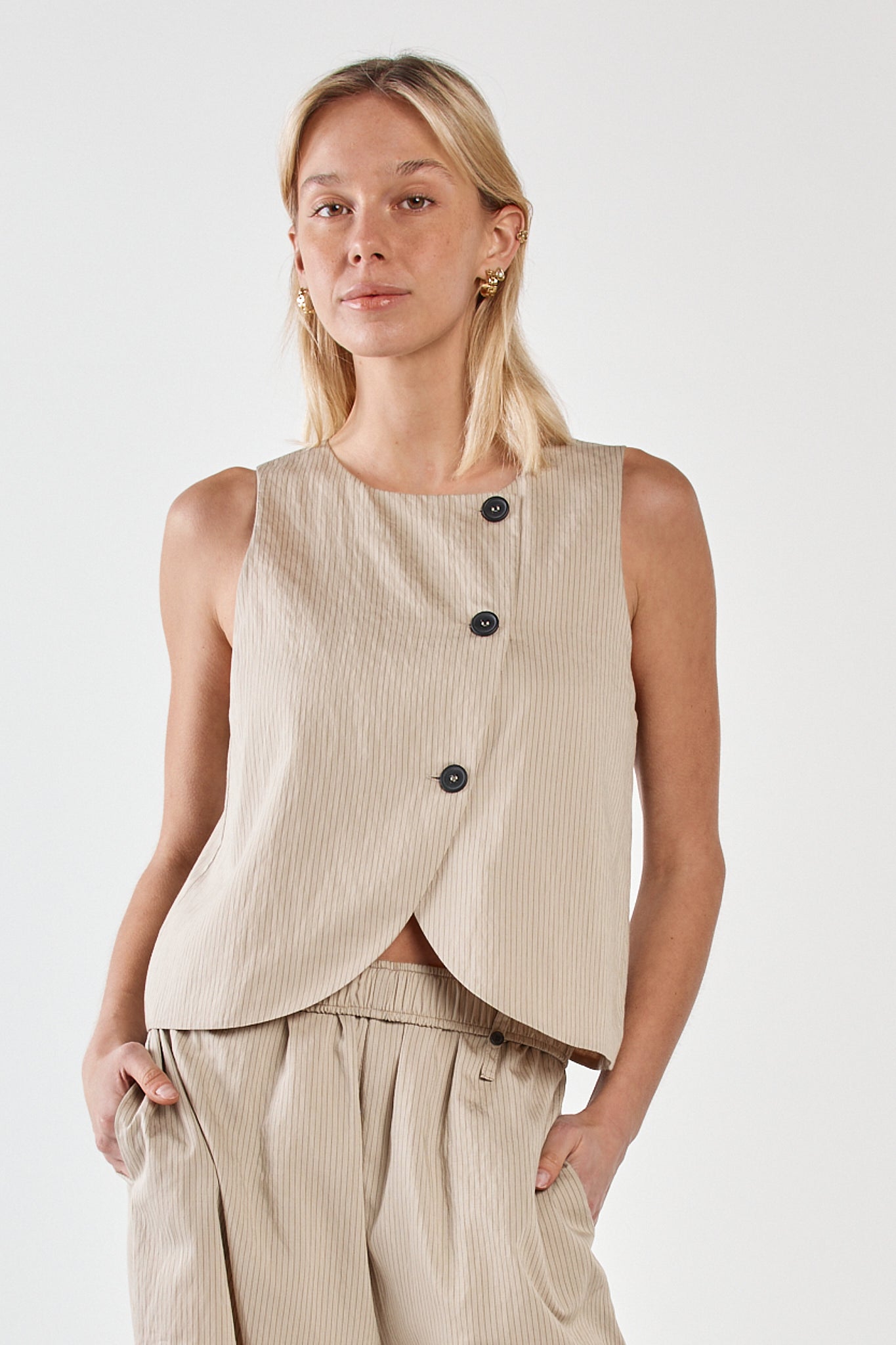 Renee Button Wrap Vest - Beige Black Stripe – Sass | Melbourne Designed ...